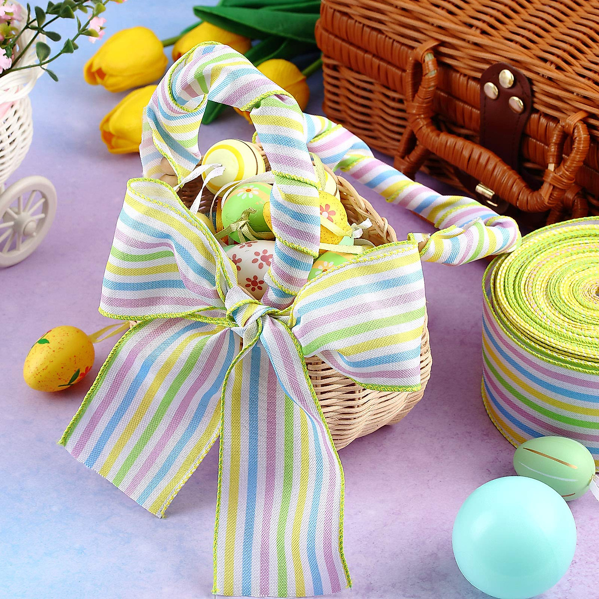 20 Yards Easter Spring Stripe Wired Edge Ribbons 2.5 Inch Stripe Burlap Ribbons Wired Easter Ribbon Easter Ornament Hanging Decorations for Easter Wrapping DIY Crafts Decoration