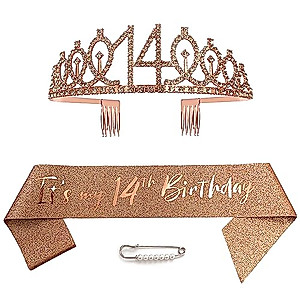 Ceqiny 14th Birthday Sash Tiara and Crowns for Girls, Birthday Queen Rose Gold Tiara, Princess Tiara Rhinestone Headbands with Combs Bridal Wedding Tiaras for Wedding Prom Bridal Party Christmas