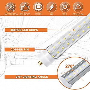 ONLYLUX 8ft LED Bulbs, 8 Foot LED Shop Light Bulb 72W 6000K 10000lm, Super Bright,T8 T10 T12 V Shape FA8 Lights, Clear Cover, F96T12 Bulbs to Replace Fluorescent Light Bulbs(Pack of 12)