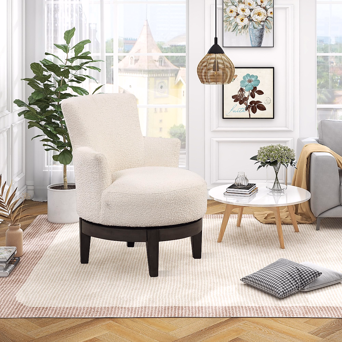 TARTOP 360 Degree Swivel Wingback Accent Chair Elegant Upholstered Seating Durable Rubberwood Legs for Any Space, Beige