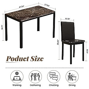 AWQM Dining Table Set for 4, Modern Kitchen Table and Chairs Set, Faux Marble Tabletop and 4 PU Leather Upholstered Chairs Dining Set for Living Room, Kitchen, Dining, Compact Space - Brown