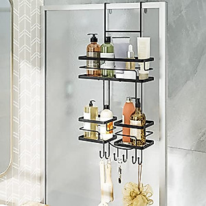 Auslar Shower Caddy Hanging Over The Door, Sturdy Rustproof Hanging Shower Organizer, Shower Shelf with Hooks, Razors Towels Shampoo Organizer for Dorm, Toilet and Bath, Black