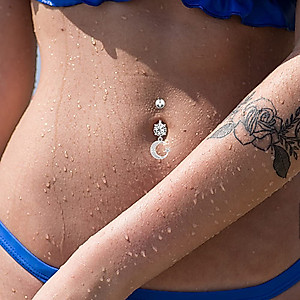 GulCean Belly Button Ring Dangle Moon and Stars for Women Sexy Surgical Steel Cute Dainty Boho Long Bar Dangly Belly Button Rings Hypoallergenic Jewelry for Her (Silver)