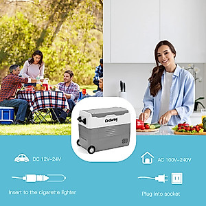 COSTWAY Car Refrigerator with Wheels, 58-Quart Dual-Zone Electric Cooler with 12V/24V DC, 100-240V AC, -4°F to 50°F, Portable 12 Volt Refrigerator RV Fridge Freezer for Home Camping Vehicles, Grey