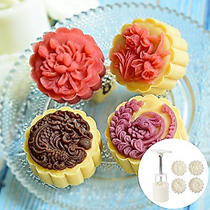 BYNNIX Mooncake Mold, Loong Phoenix Round Moon Cake Molds 50g Hand-Pressure 4 Stamps Chinese Cake