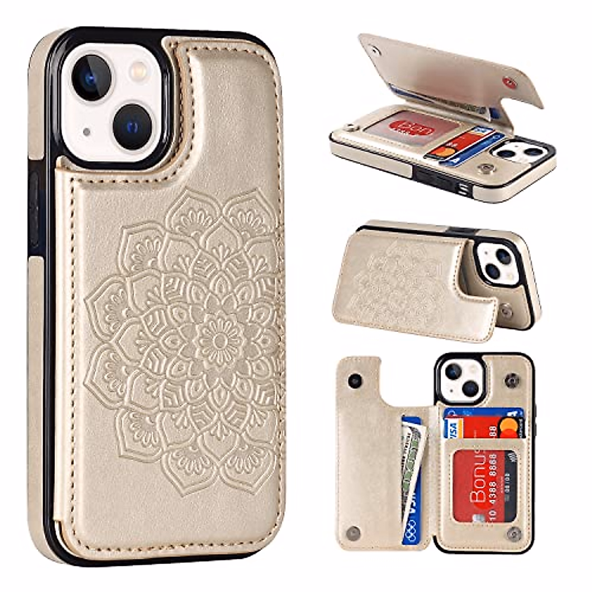 ACXLIFE iPhone 13 Mini Case 13mini Wallet Card Holder Case,Protective Cover with Credit Slot Holder and Slim Leather Case for iPhone 13 Mini 5.4Inch (Gold)