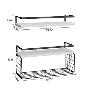 LoengMax Floating Shelves with Bathroom Paper Storage Basket, Wall Shelves Over Toilet with Protective Metal Guardrail Set of 2, Rustic Floating Shelf with Guardrail (White)