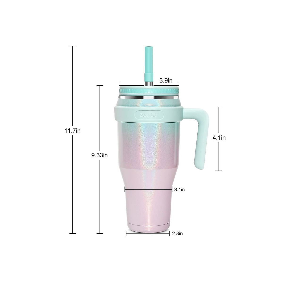 Zenbo 40 oz Glitter Tumbler With Handle, Screw on Lid and Straw | Stainless Steel Insulated Mug Tumbler, Keeps Drinks Cold up to 34 Hours, Fit in Car Cup Holder, Sweat-Proof Body, Dishwasher Safe