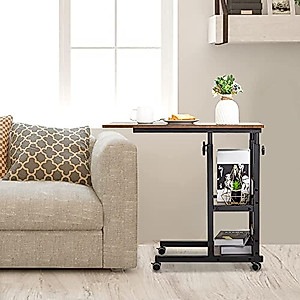 Hadulcet C Shaped Side Table Adjustable, Height Adjustable C Table with Wheels and Storage Shelves for Couch Bed Recliner Rustic Brown