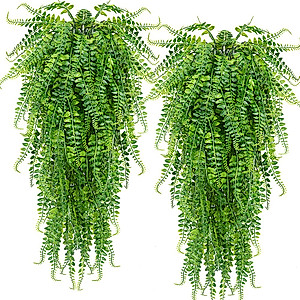 CLONG 2 pcs Artificial Hanging Ferns Plants Vine Fake Ivy Boston Outdoor UV Resistant Plastic Plants (Green)