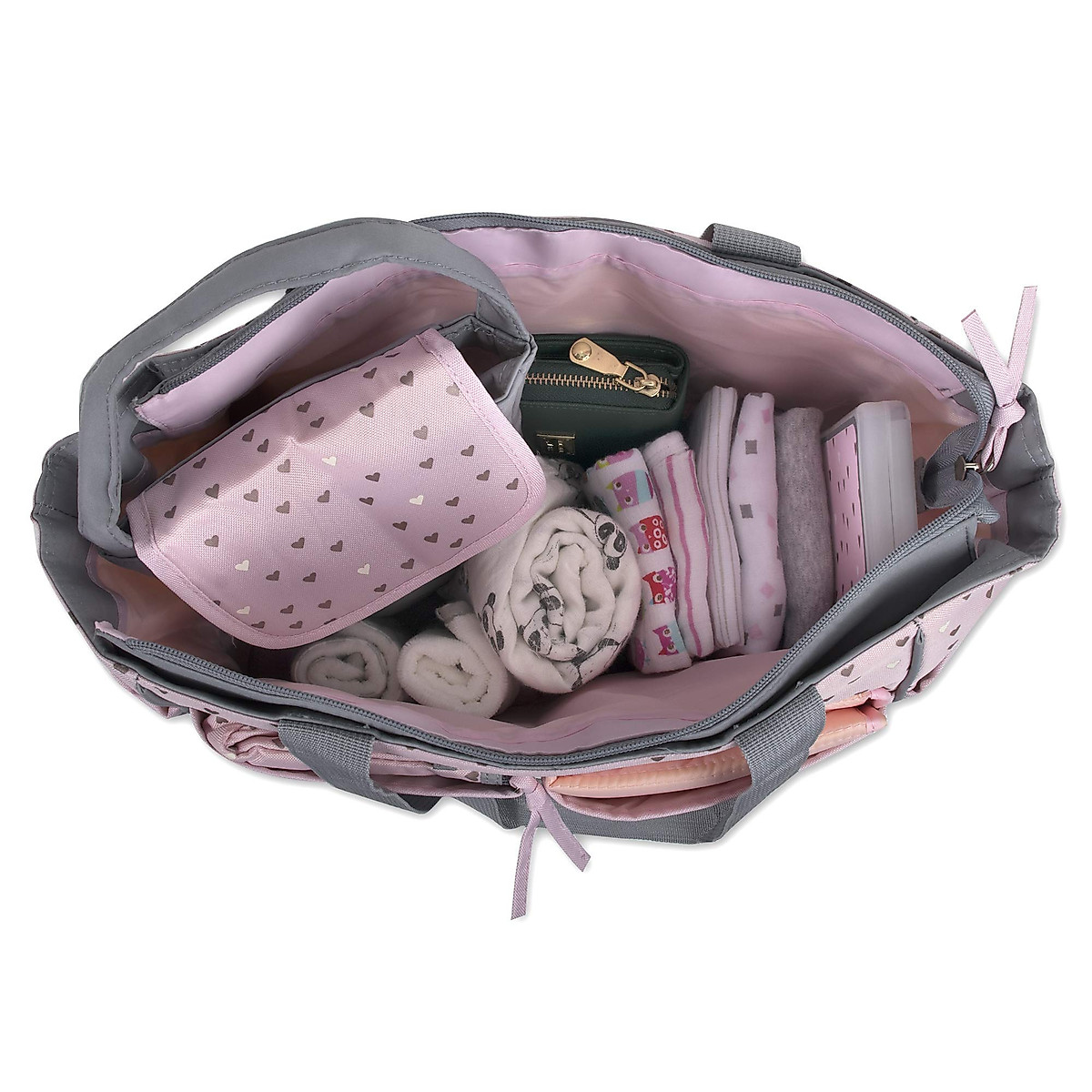 Baby Diaper Bag Tote 5 Piece Set with Pink Hearts, Saying, and Baby Portable Changing Pad, Diaper Bag, Travel Mat Station Gift Set