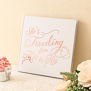 Calculs She's Traveling from Miss to Mrs Polaroid Bridal Shower Guest Book 8.5" Square Bride to Be Scrapbook, White Cover, Rose Gold Foil Stamping, Blank White Pages for Instax