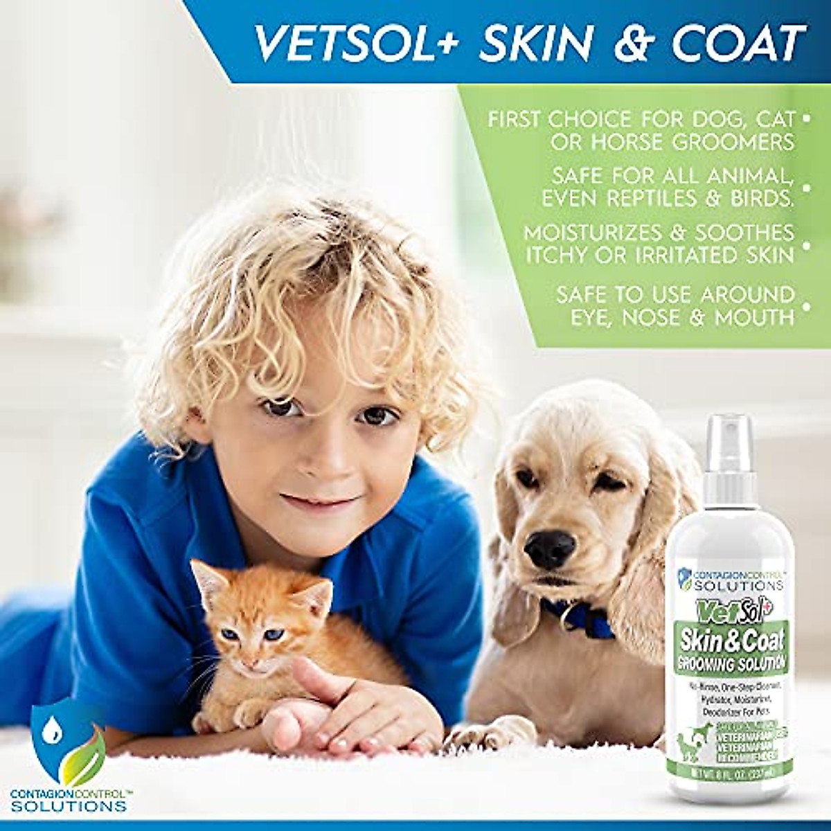 VetSol+ Skin & Coat Grooming Solution, No Rinse Spray, One-Step Cleanser, Hydrator, Moisturizer, Deodorizer for All Pets, 8 Ounce