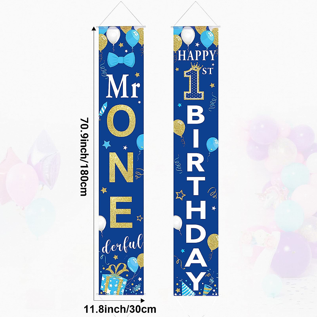 2 Pieces 1st Birthday Party Decorations Mr. Onederful Birthday Banner 1st Birthday Porch Sign Hanging Door Banner Welcome Porch Sign for Boy 1 Year Birthday Supplies Blue and Gold, 71 x 12 Inches