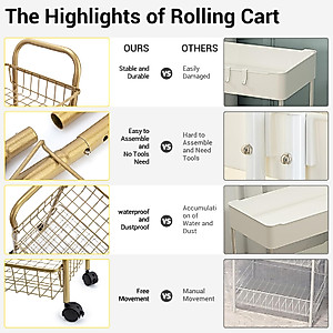 MNOPQ 3 Tier Rolling Utility Cart, Storage Trolley Service Cart with Wheels Easy Assembly for Kitchen, Living Room, Office, Salon, Gold