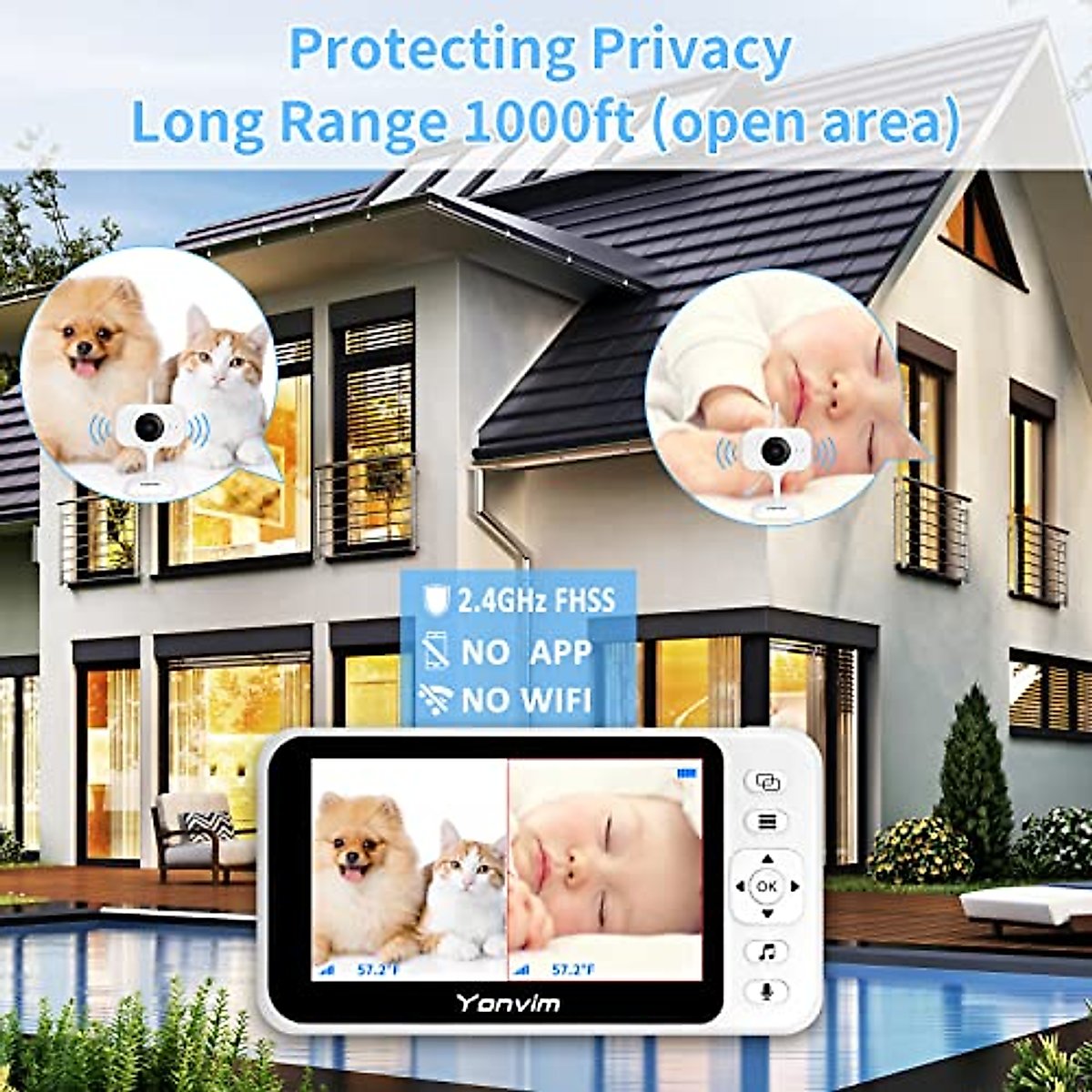 Yonvim Baby Monitor, 4.3" Color LCD Video Baby Monitor with Camera and Audio, No WiFi Needed, Night Vision, Long Range, Two-Way Talk, Temperature Sense, 4X Zoom, Feeding Reminder, 5 Lullabies