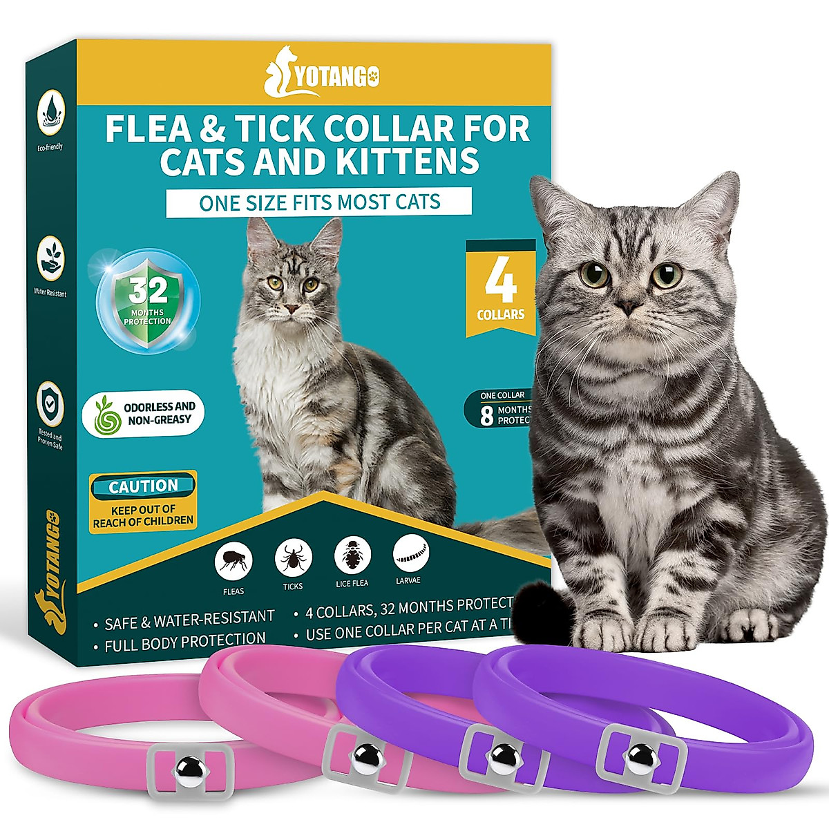 4 Pack Flea Collar for Cats, Cat Flea and Tick Collar 8 Months Cat Flea Collar Treatment Prevention, Adjustable Waterproof Cat Flea Collar Kitten Natural Tick and Flea Collar for Cat (Pink&Purple)