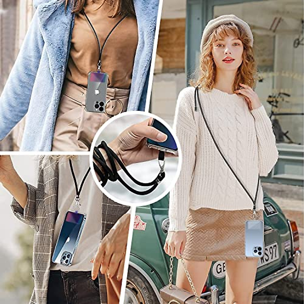 Cell Phone Lanyard for Around The Neck, Universal 2 Pcs Phone Crossbody Lanyard + 2 Pcs Patch, Multifuctional Adjustable Nylon Neck Strap for Women Compatible with Most Smartphones (PinkWhite&Black)