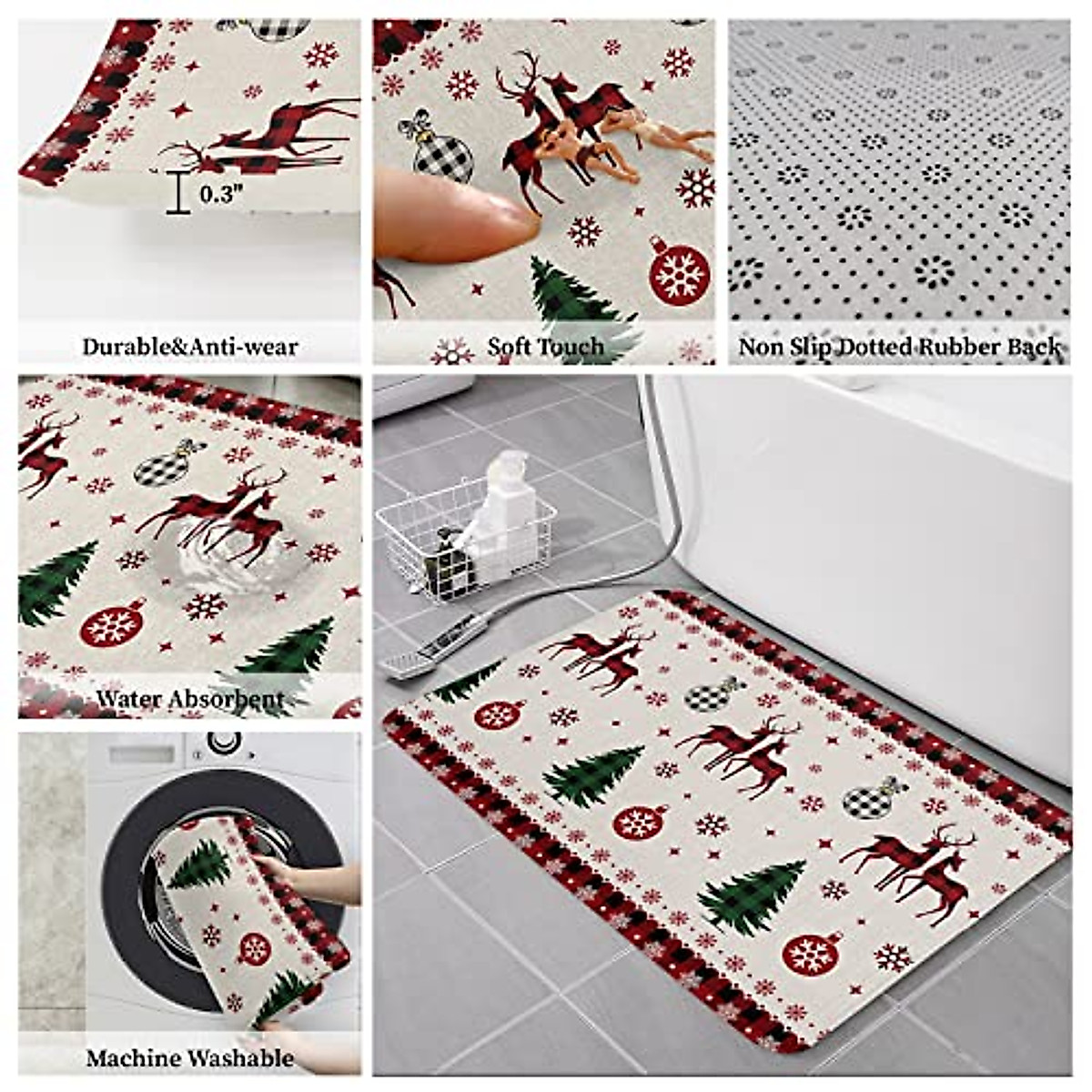 Kitchen Mat Rug Set of 2 Christmas Trees Snowflake Elks Black and Red Plaid Buffalo Beige Runner Rug Anti-Fatigue Comfort Memory Foam Standing Mat Non-Slip Floor Door Mat for Bedroom 16x24n+16x47in