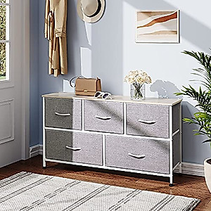 WLIVE 1-Drawer Nightstand and 5-Drawer Dresser Set, Fabric Storage Tower for Bedroom, Hallway, Nursery, Closets, Tall Chest Organizer Unit with Textured Print Fabric Bins, Steel Frame