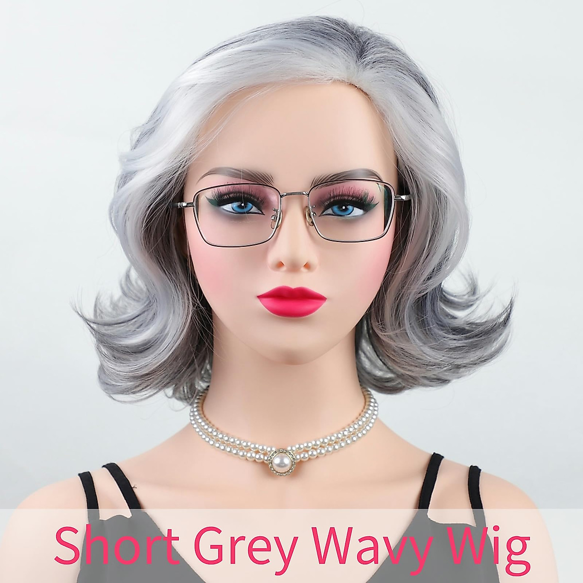 RENERSHOW Mid-length Grey Wavy Bob Wigs for Women Short Gray Curly Wig Synthetic Salt and Pepper Wigs Average Size Realistic Natural Daily Party Wigs for Older Women with Silver White Bangs(10-12inch)