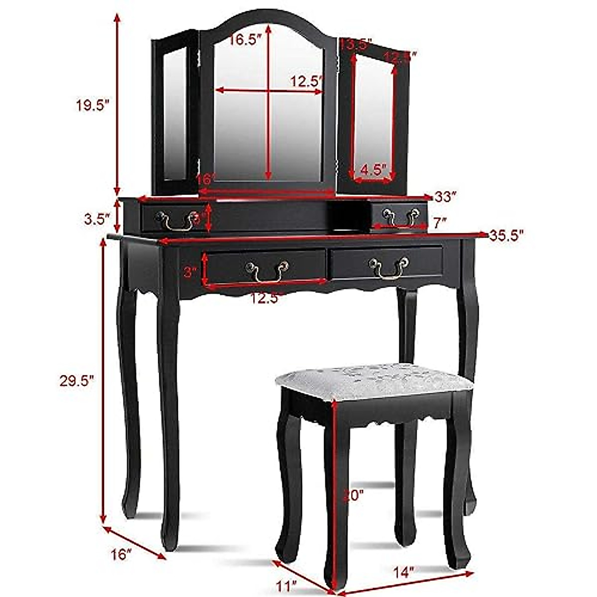 KJNS Vanity Set Makeup Dressing Table Tri Folding Mirror Stool 4 Drawers Black Vanity Desk Makeup Vanity Side Tables Bedroom Vanity Table Portable Desk Vanity Set