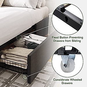 IMUsee Queen Bed Frame with Storage, 3 Large Drawers on Wheels, Fabric Upholstered Platform Bed, No Box Spring Needed, Wood Slats Support, Easy Assembly, Dark Grey