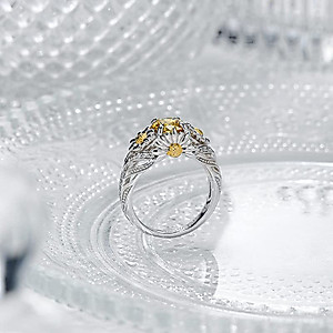 Jewels Store 2.5 Ct Round Cut Citrine Yellow Diamond Sunflower Design Engagement Ring in 925 Sterling Silver White Gold Finish (Silver, 5)