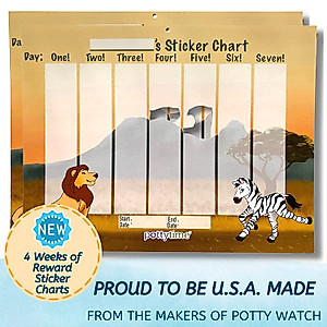 Potty Time: Pink Watch & Sticker Set | Water Resistant, Toilet Training Aid, Warranty Included. (Automatic Timers Plays Music & Flashing Lights for Fun Reminders), Pink + Savanna Sticker Chart Kit