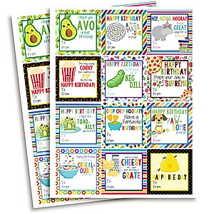 Happy Birthday Food & Animal Themed Gift Tag Stickers, Set of 24 2.5 X 2.5 Mixed Square Birthday Gift Labels by Amanda Creation