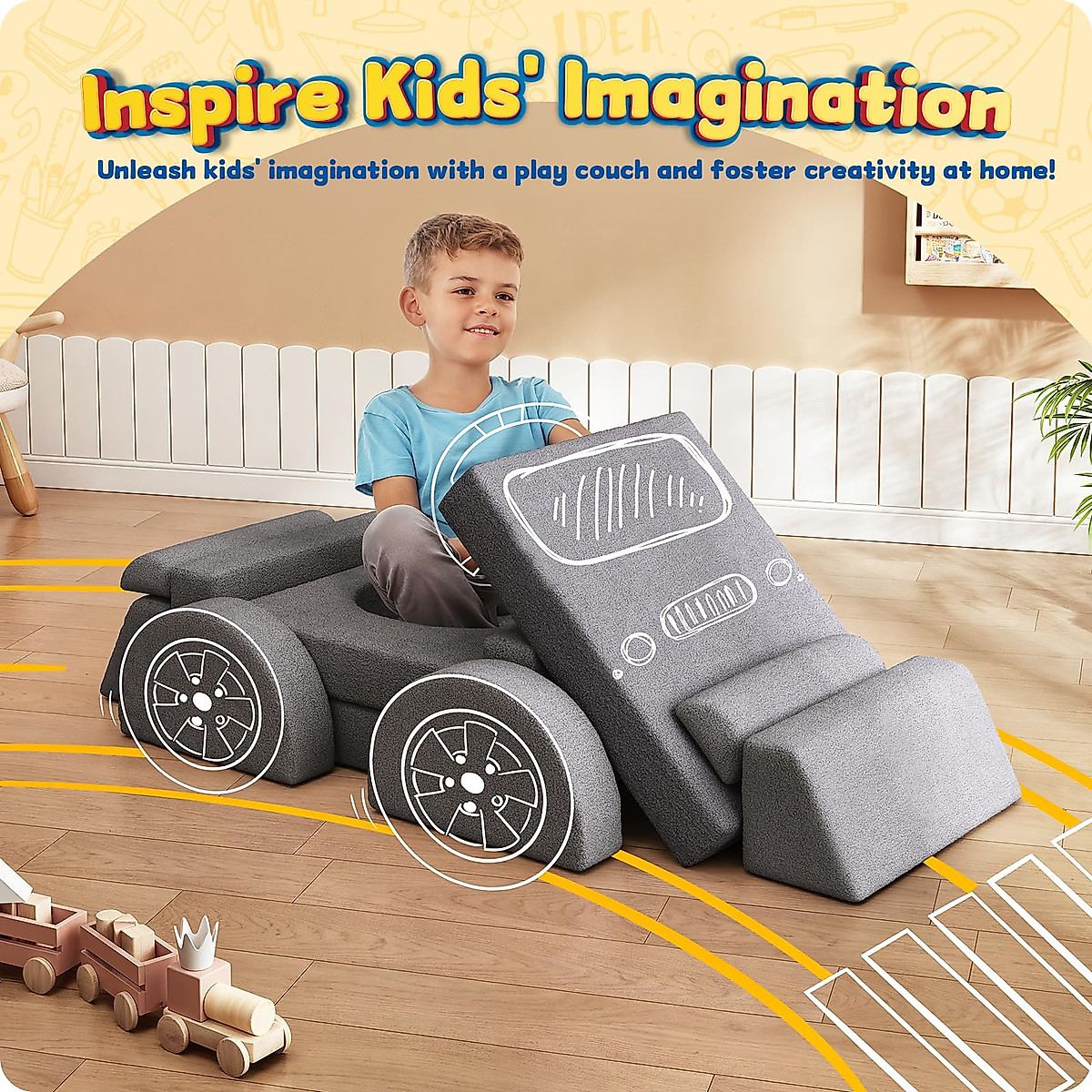 ONBRILL Kids Sofa Couch, 12pcs Modular Play Couch Set, Children Floor Sofa Building Fort, Washable Teddy Cover, Convertible Foam & Floor Cushion, DIY Creative Playroom Furniture for Boys & Girls, Grey