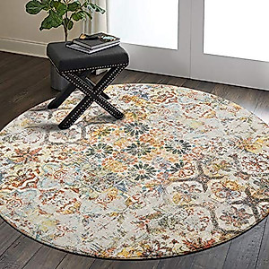 Lahome Floral Medallion Collection Round Area Rug - 4' Diameter Non-Slip Distressed Vintage Area Rug Accent Throw Rugs Floor Carpet for Door Mat Entryway Living Room Bedrooms (4' Diameter, Multicolor)