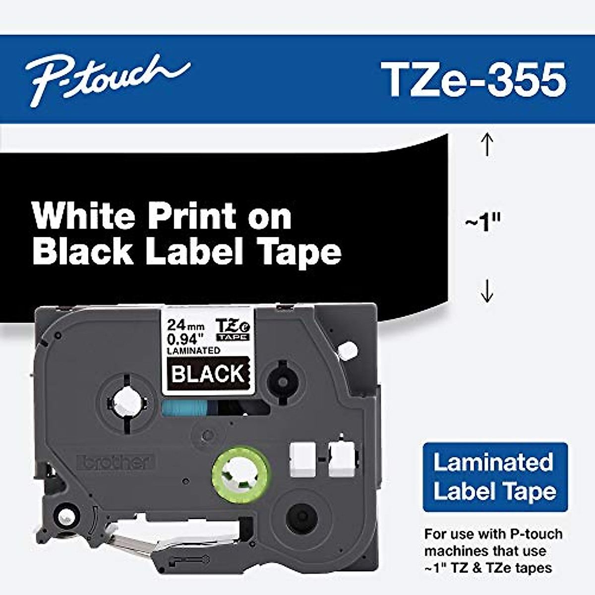 Brother Genuine P-touch TZE-355 Tape, 1" (0.94") Wide Standard Laminated Tape, White on Black, Laminated for Indoor or Outdoor Use, Water-Resistant, 0.94" x 26.2' (24mm x 8M), Single-Pack, TZE355