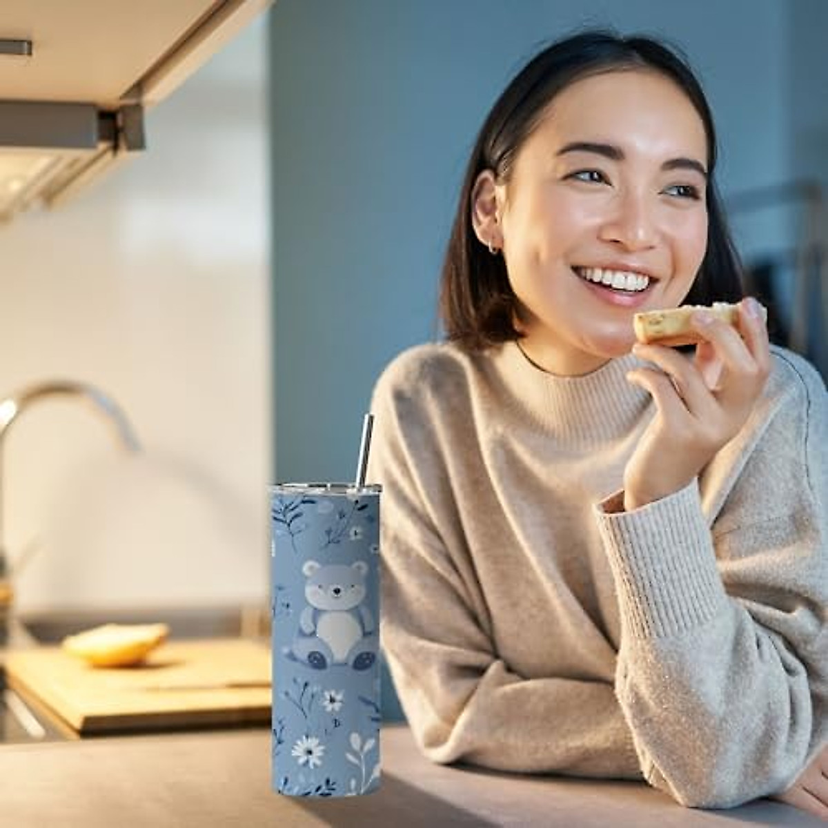 Tumbler with Lid and Straw Cartoon Bear Flowers and Plants thermos coffee travel mugcute cups 20 oz insulated tumbler for Daily Holiday Decor Gift coffee cup