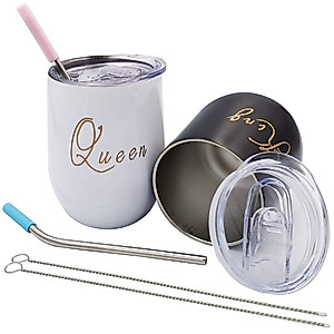 2 Pack 12oz Insulated Wine Tumbler with Lid Straw, Stemless Wine Glasses, Unbreakable Stainless Steel Thanksgiving Christmas Wedding Wine Glass Set Gift, Travel Use Coffee Cup, Gift for Parents Couple