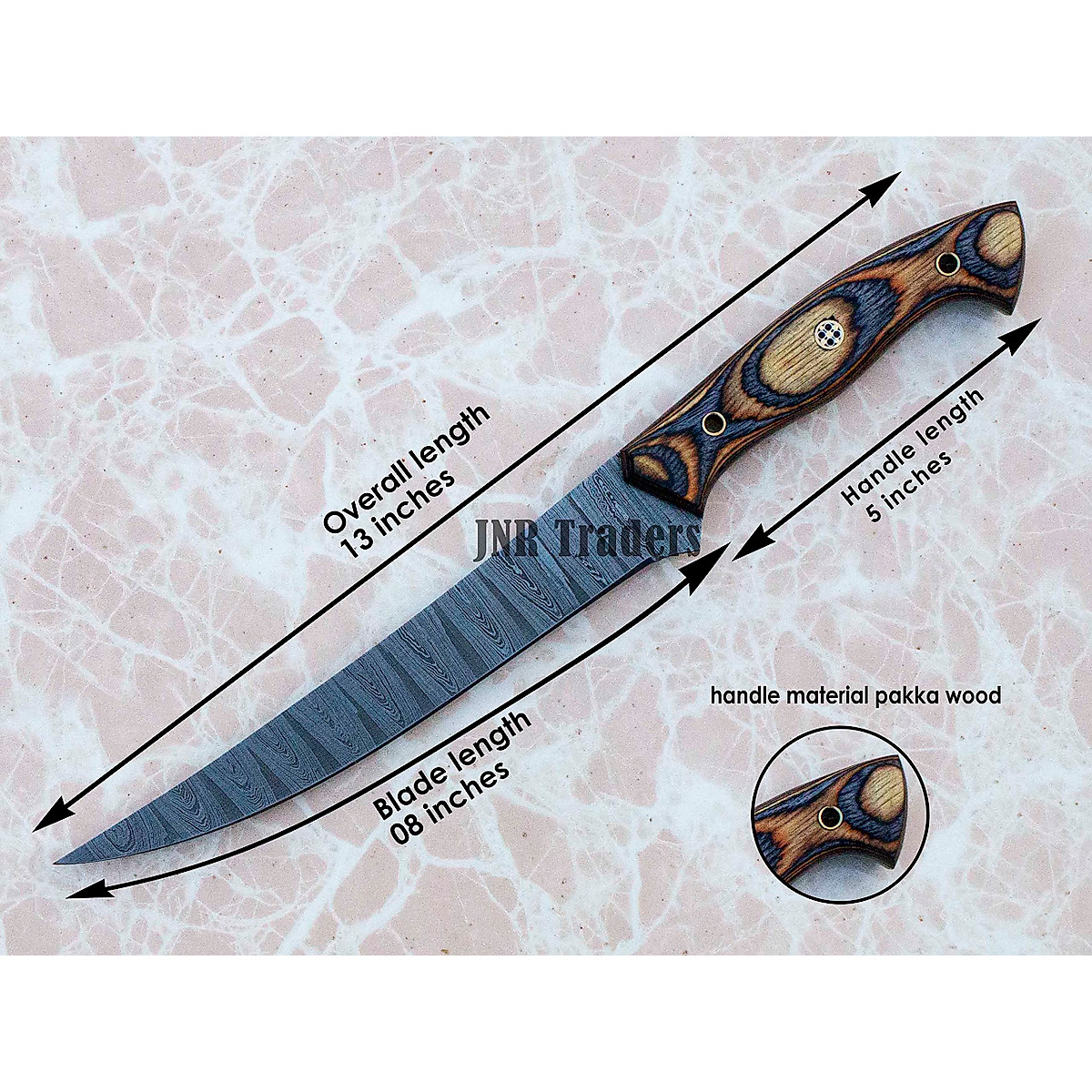 JNR Traders Damascus Boning Knife for Meat Cutting 13" Handmade Fillet Knife Thin Sharp Chef Kitchen Knife with Leather sheath Wood Handle vk3731
