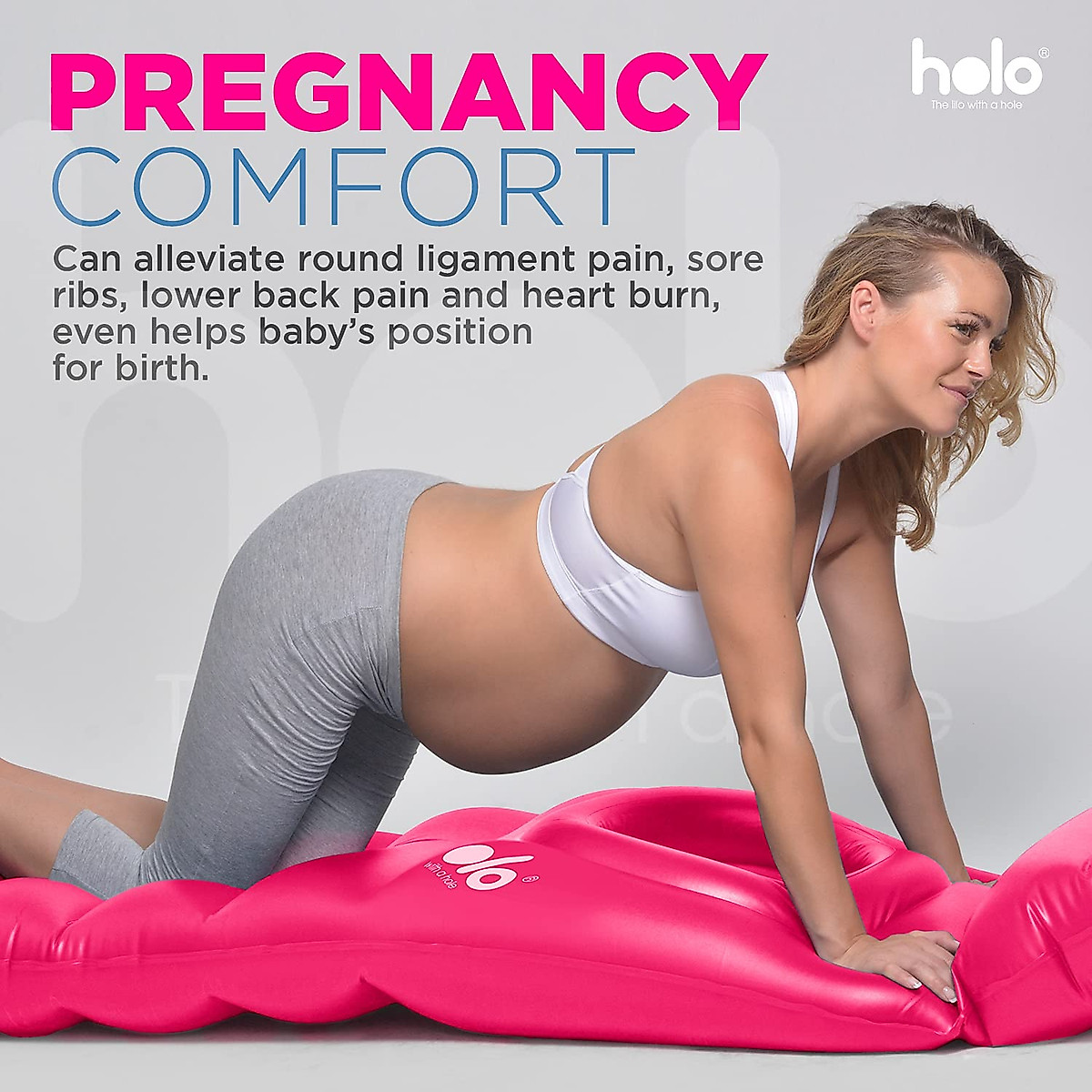 HOLO The Original Inflatable Pregnancy Pillow - Full Body Maternity Airbed/Float with Hole for Tummy - for Ultimate Sleeping Support & Comfort - Say Goodbye to Pregnancy Related Aches and Pains (Pink)