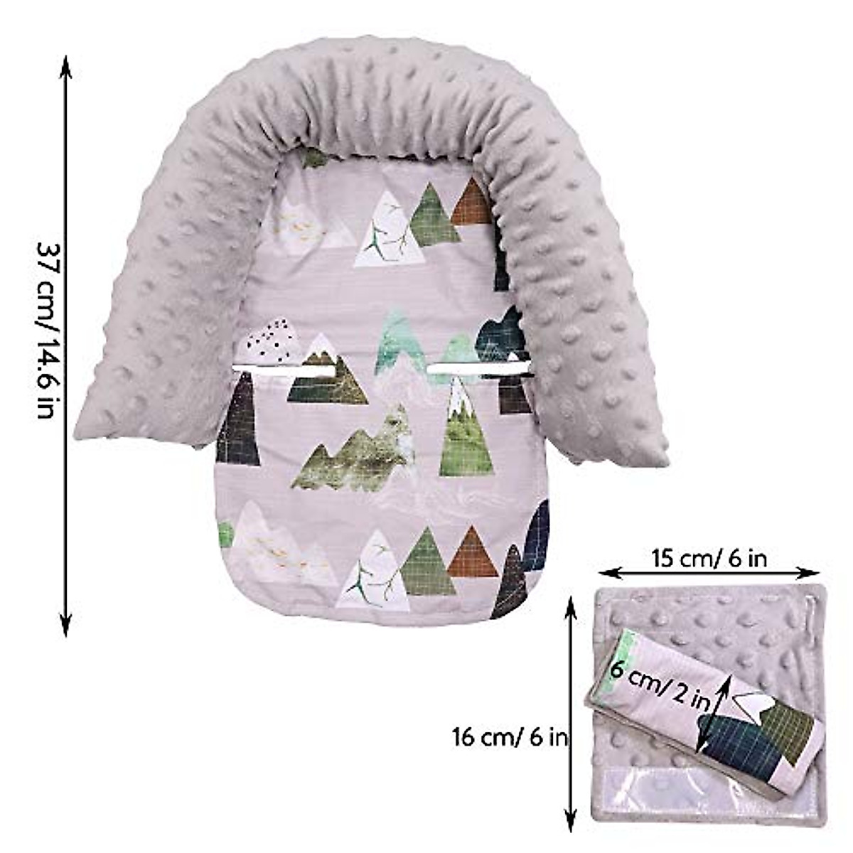 Baby Carseat Headrest and Strap Covers, Minky Adventure Mountain Baby Carseat Head Support & Carseat Neck Cover,Infant Head Support Pillow, Toddler Headrest Cushion Pad for Carseat Strollers Carrier