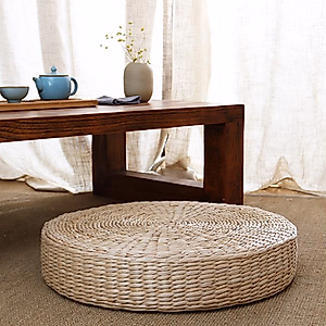 DEDEMCO Hand-Woven Natural Cattail Mat Cushion Pouf, Japanese Style Round Straw Seat Cushion Pad, Handmade Floor Pouf Mat for Party Living Room Bay Window Balcony Garden