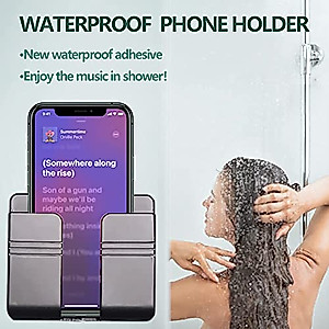 CEI&BPY Wall Mount Phone Holder, Phone Stand with Adhesive and Data Cable Receiving Hole, Cell Phone Holder for Charging,Bedroom, Compatible with iPhone and Android (Black)