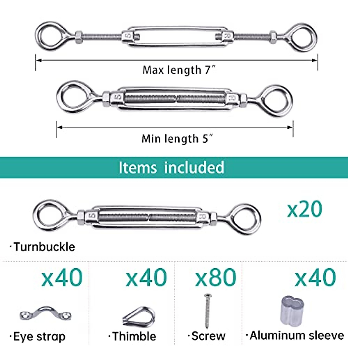 Muzata 20Set 1/8" Cable Railing Kit Hardware Heavy Duty Turnbuckle M5 Eye to Eye for Wood Post Wire Rope Stainless Steel Angle Adjustable WoodLoft System Deck Stair 20 Cable Lines CK01,CA4 CA5