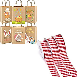 TOXOY 3 Rolls Red Gingham Ribbon and 18PCS Easter Kraft Gift Bags