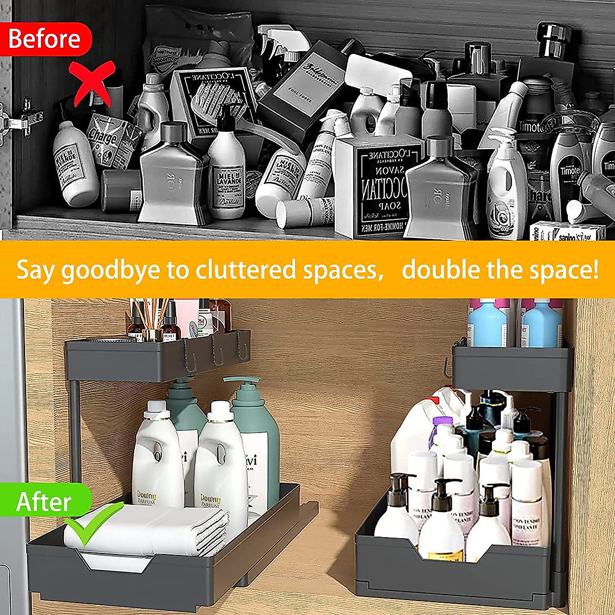 UWBGRT 2-Tier Under Sink Organizers and Storage 𝟐 Pack Sliding L-Shape Bathroom Kitchen Cabinet Organizers with Hooks,Hanging Cups, Narrow Space Storage Multi-Purpose Sink Organizer