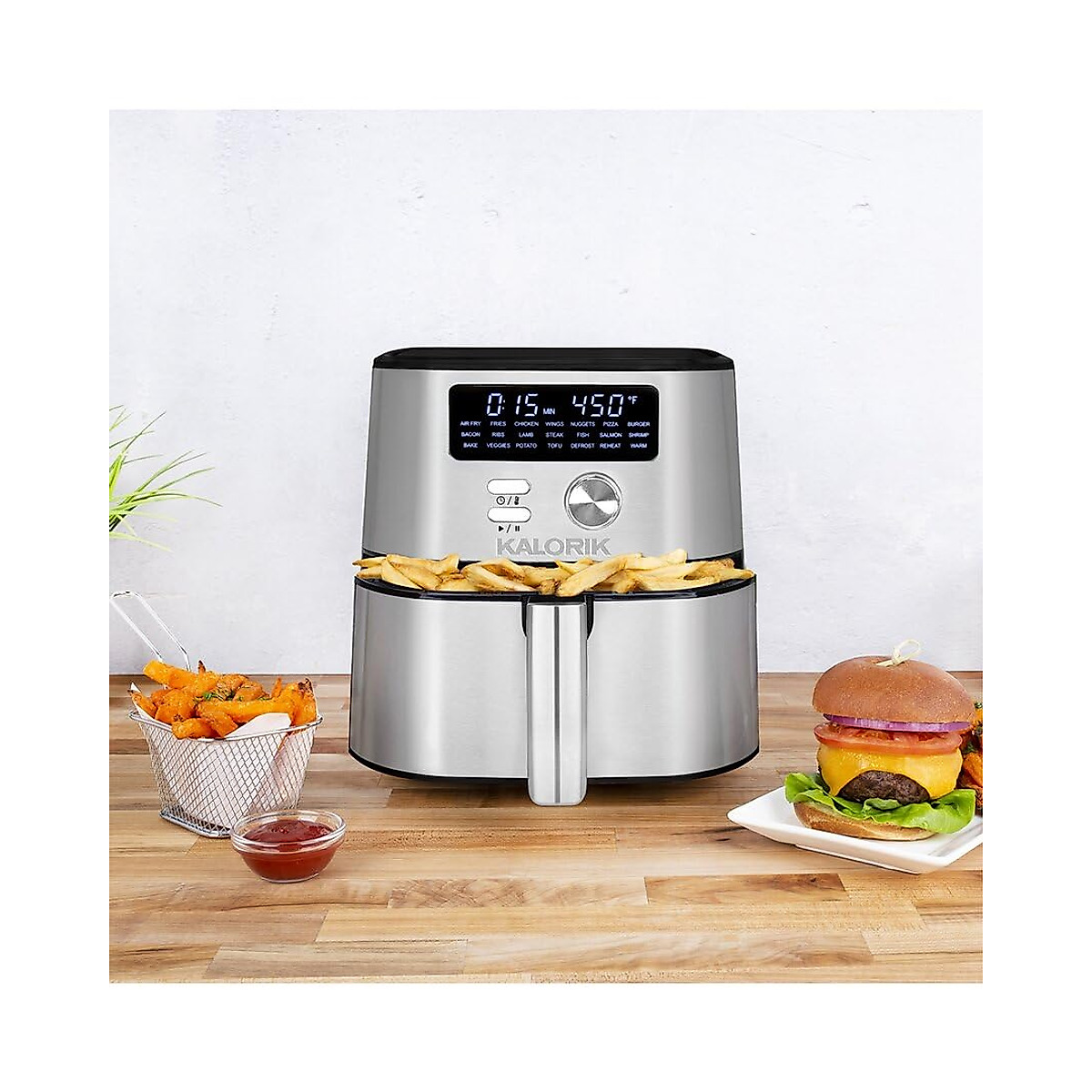 Kalorik MAXX® Digital Air Fryer| 4 Quart 7-in-1 Oilless Fryer with 7 Cooking Functions | LED Display with 21 Smart Presets | Nonstick Air Frying Basket | Recipe Book | 1600W | Stainless Steel & Black