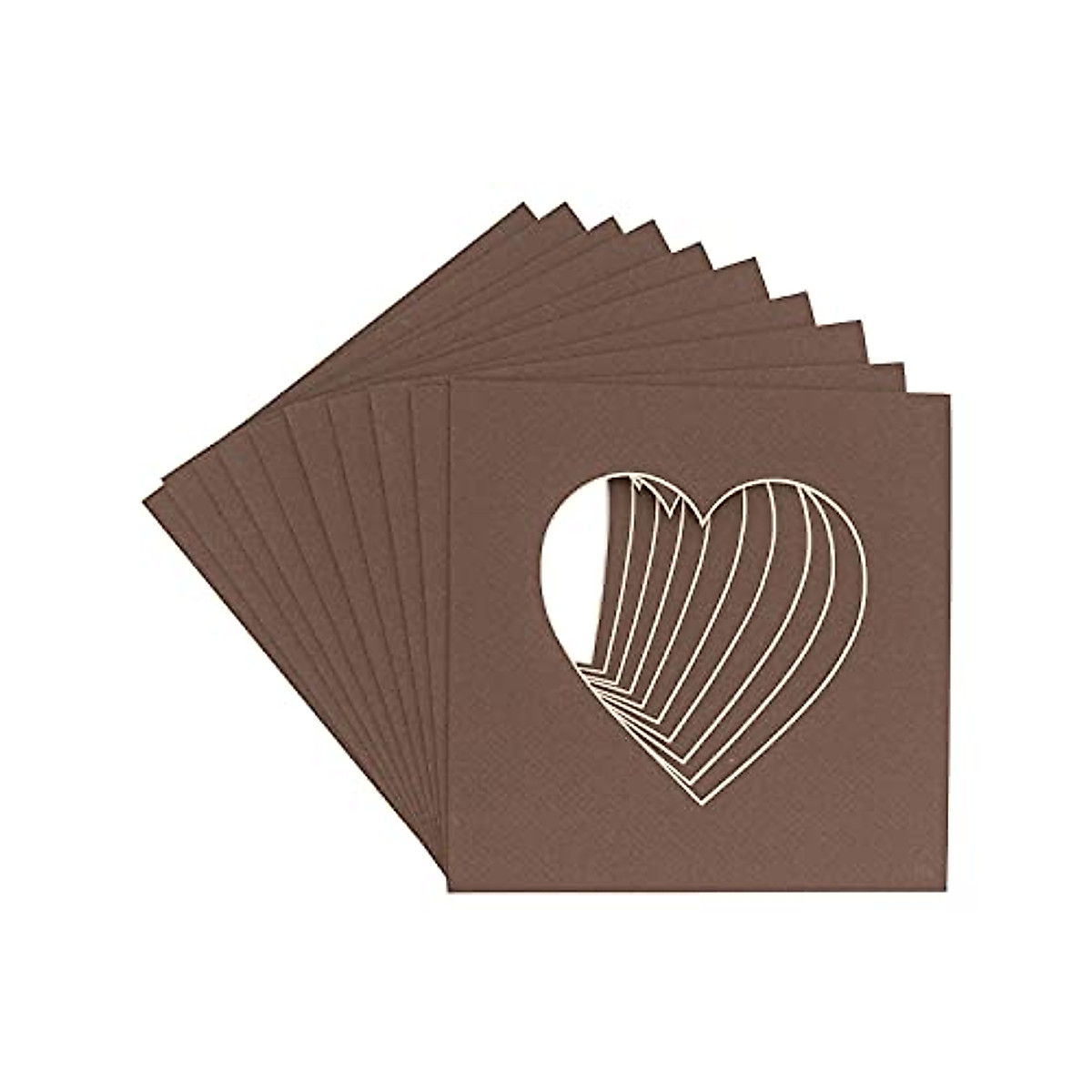 CountryArtHouse Chocolate Brown Acid Free 16x16 Heart Picture Frame Mat with White Core Bevel Cut for 5x5 Pictures - Fits 16x16 Frame - Pack of 10 Matboards