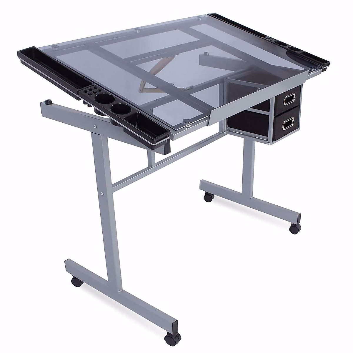ZERVA Drafting Craft Desk Art Glass Desk with Storage Drawers | Durable Sturdy Ergonomic Heavy Duty Comfortable Adjustable Lightweight | for Home Office, School, Home, with 4 Casters