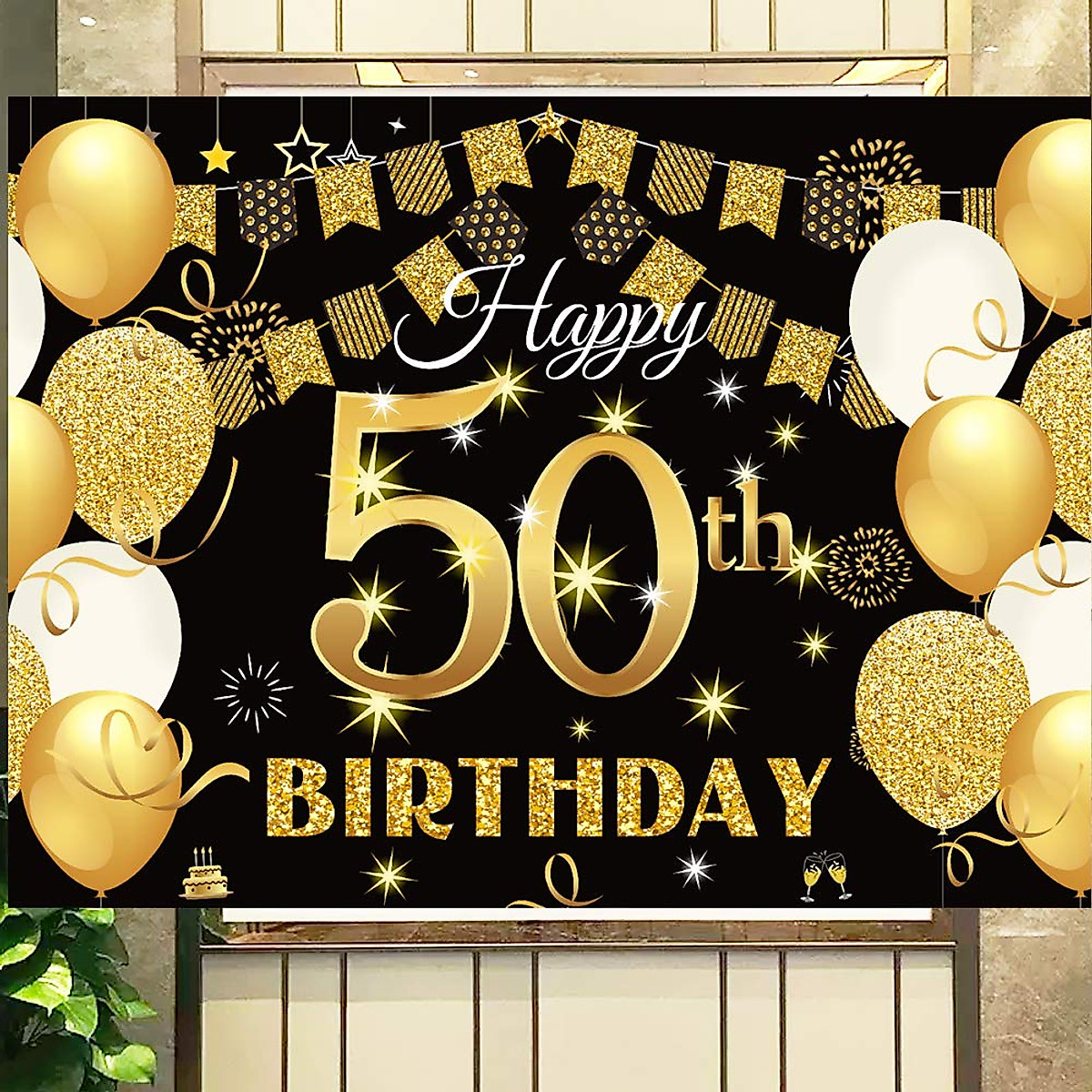 Saliyaa 7x5ft Happy 50th Birthday Backdrop,Happy Birthday Party Decoration, Black Gold Birthday Sign Poster Photo Booth Backdrop Background Banner for Men Women 50th Bday Anniversary Party Supplies