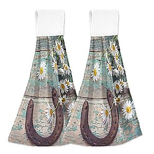 Rusty Horseshoe Daisies On Wood 2 Pcs Hanging Kitchen Hand Towels, Hanging Tie Towels with Hook & Loop Washcloth Dishcloths Sets Decorative Absorbent Tea Bar Bath Hand Towel
