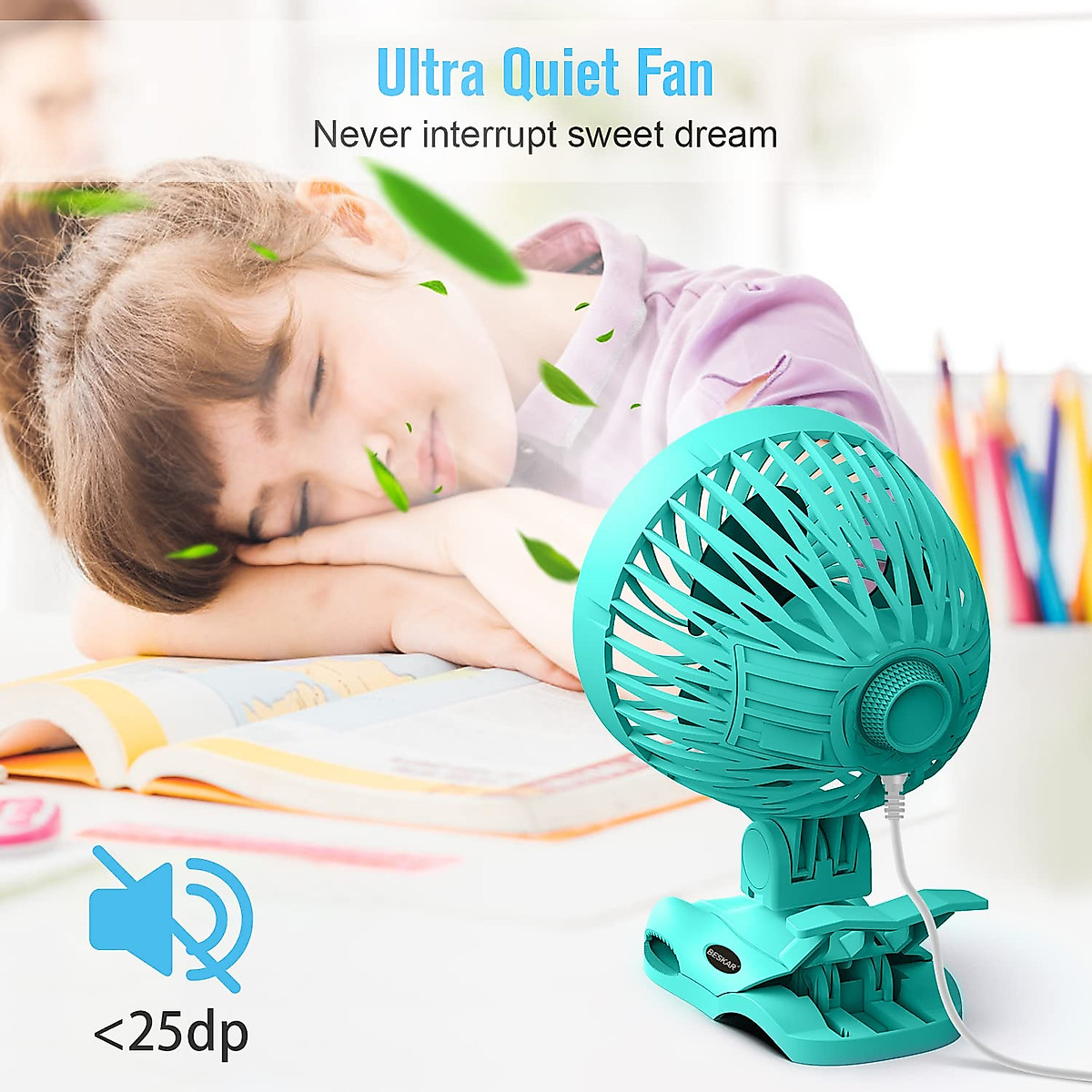 Small Clip on Fan - Personal USB Fan CVT Speeds and Strong Clamp, Adjustable Tilt, Quiet Operation, 6 Inch Desk Fan for Office Bed Treadmill Stroller - USB Cord Plug in Powered