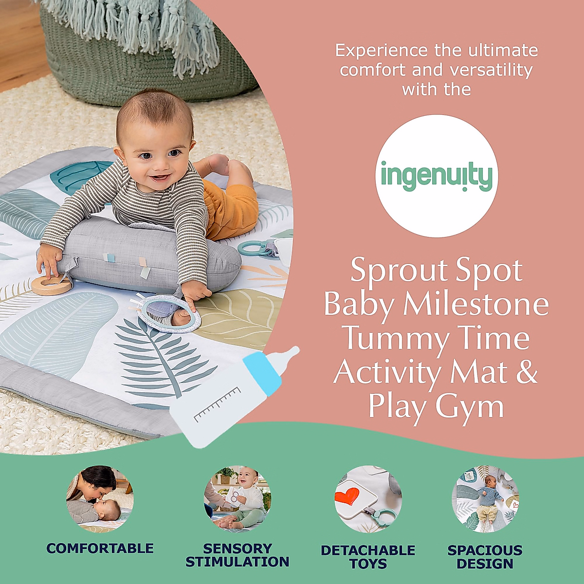 Ingenuity Sprout Spot Baby Milestone Tummy Time Activity Mat and Play Gym Unisex Ages 0+ Months 40 x 40 Inches